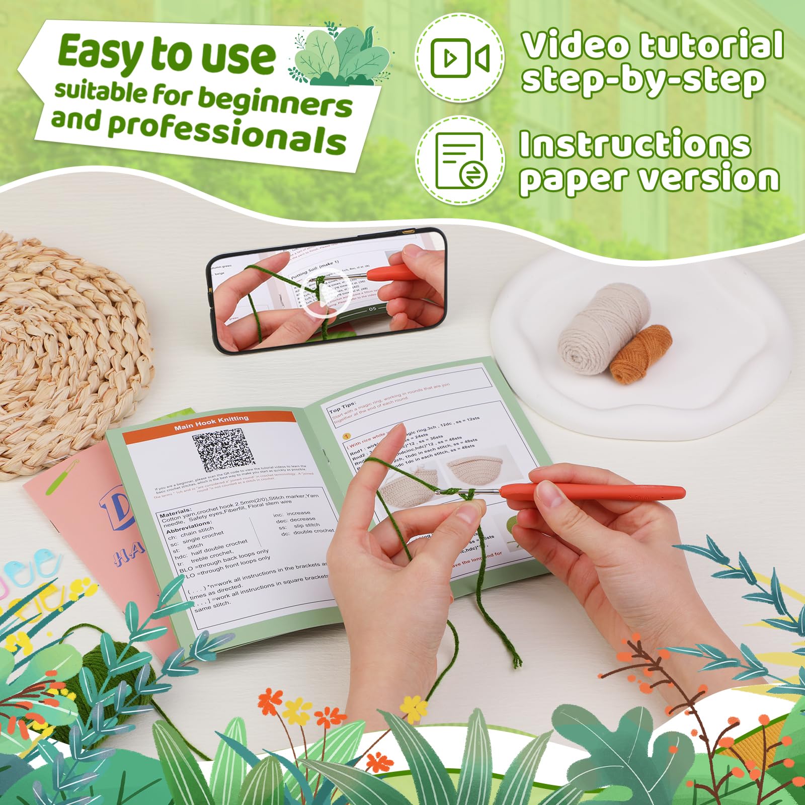 Crochet Kit for Beginners, Hanging Potted Plants Crochet Starter Kit with Step-by-Step Instructions and Video Tutorials Complete Crochet Kit for Beginners Decoration (Yellow-Green Doudou Plants)