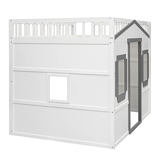 DEYOBED Full Size House Loft Bed with Ladder, Wooden Gaming House Bed Frame with Windows for Kids Boys Girls, White+Gray