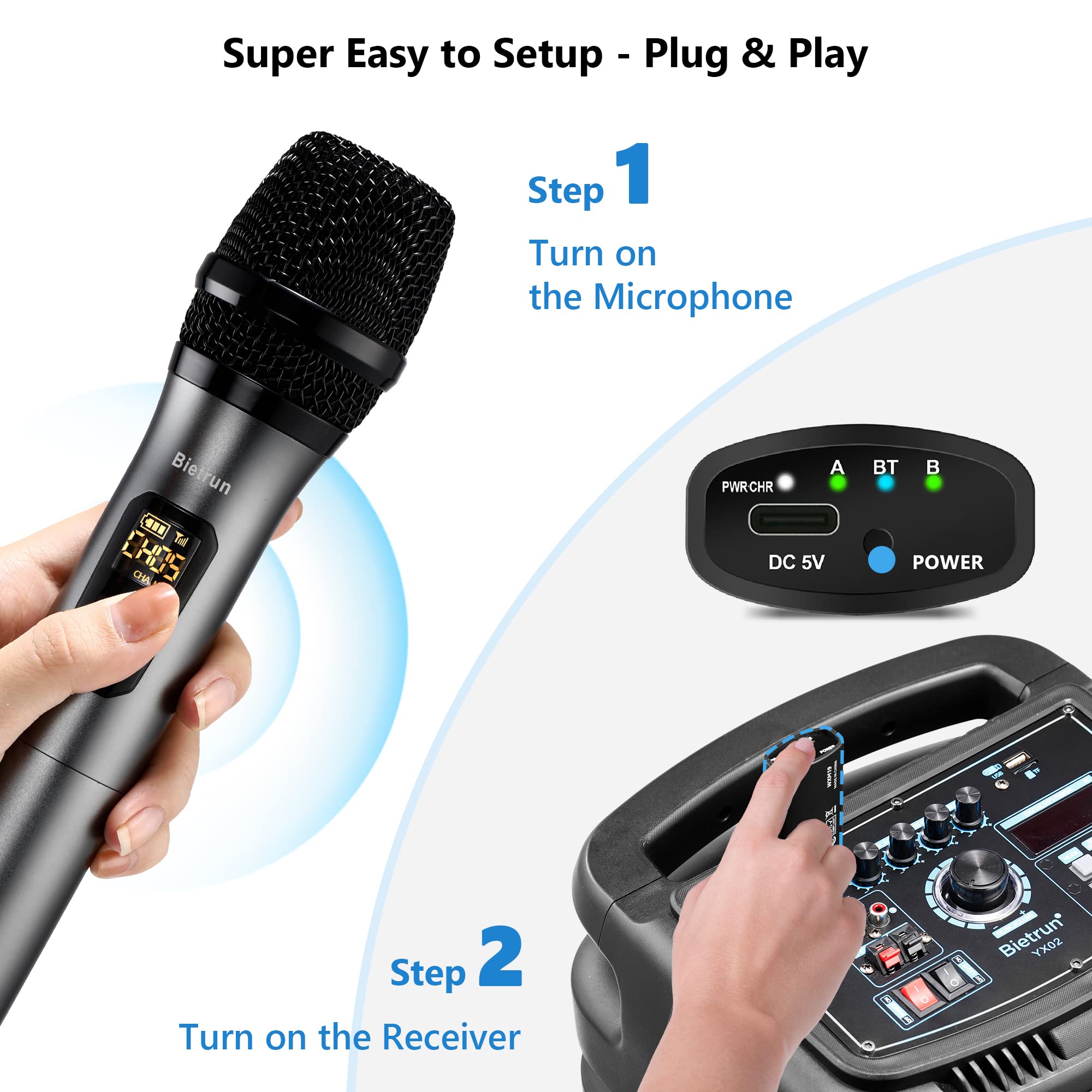 Bietrun Wireless Microphone and Mic Stand, for Karaoke Machine, Singing, Amp, PA Speaker