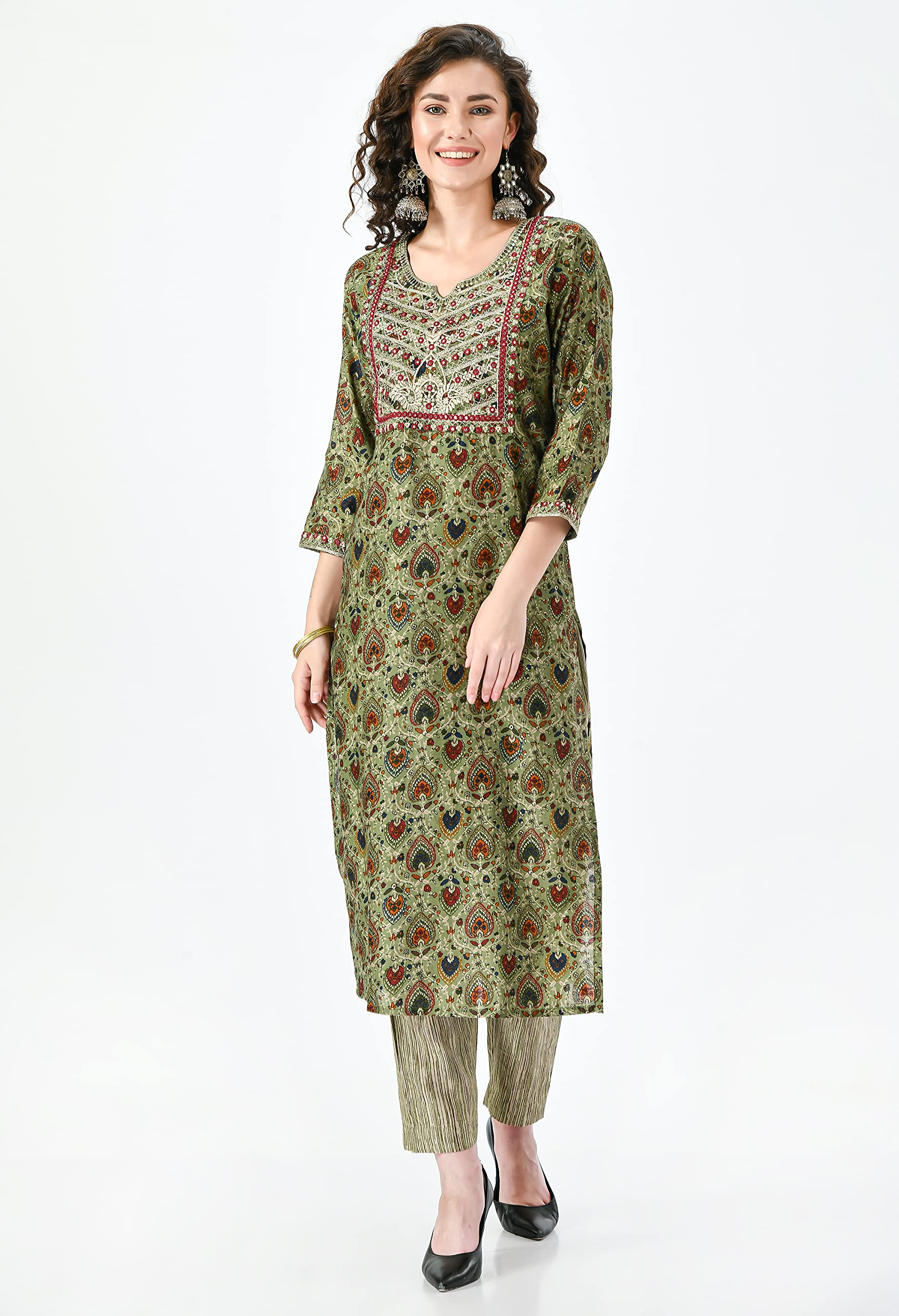 AnjuShree Choice Women Diwali Kurti Pant set with Dupatta Green