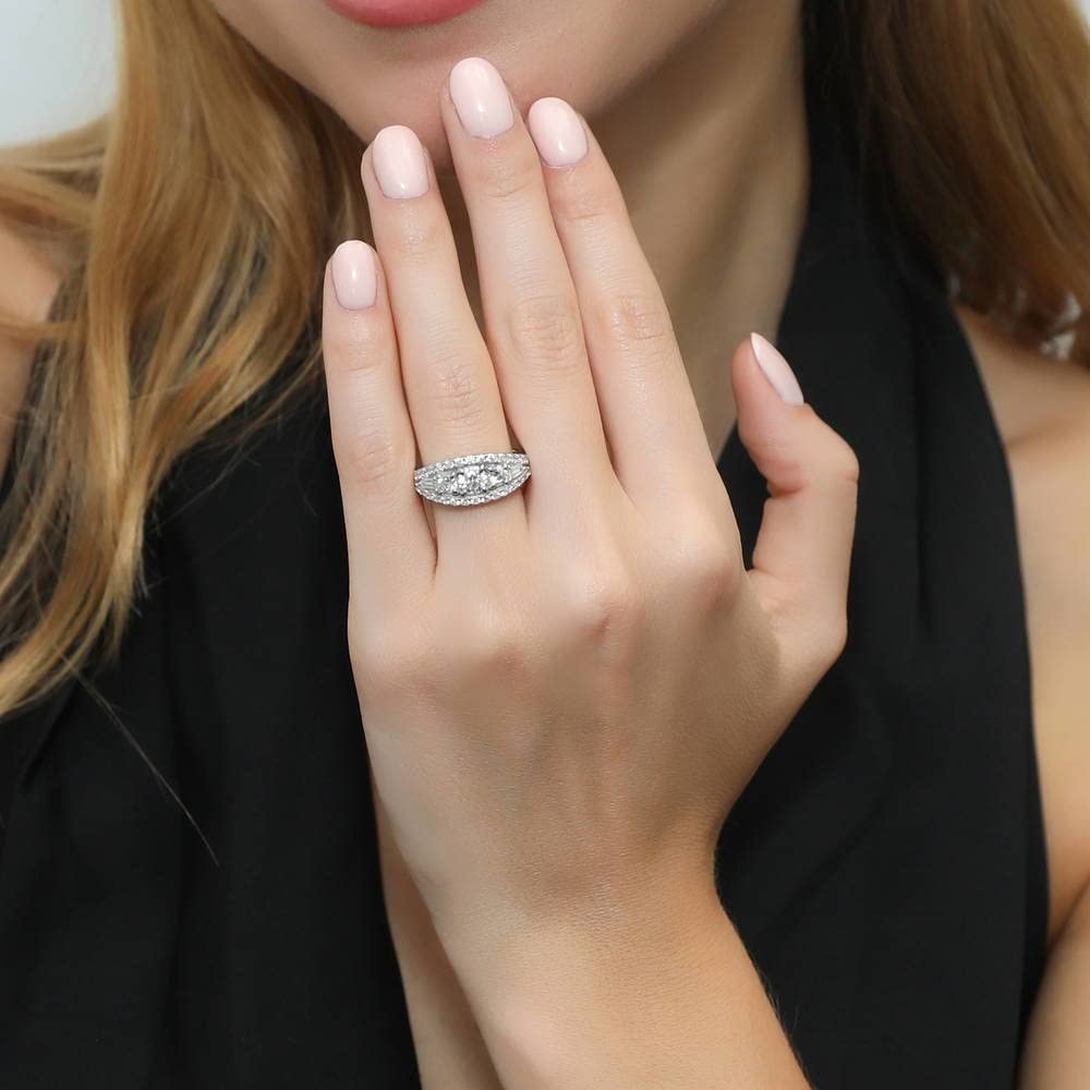 BERRICLE Sterling Silver Art Deco Cubic Zirconia CZ Cocktail Fashion Ring for Women, Rhodium Plated Size 8.5