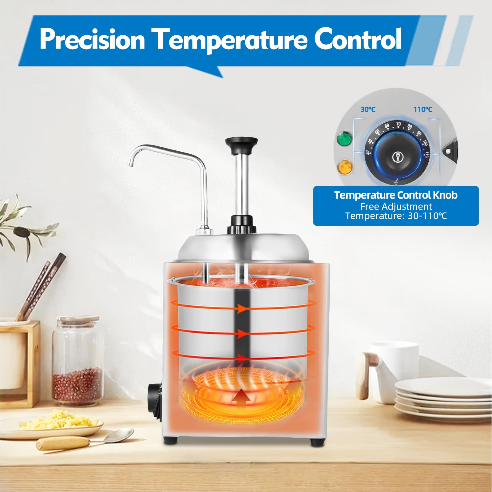 Cheese Warmer with Pump, 2.6Qt Nacho Cheese Warmer, 650W Hot Fudge Warmer with Pump 30-110℃ Temp Adjustable, Stainless Steel Hot Cheese Dispenser for Salad Jam Seasoning Sauce
