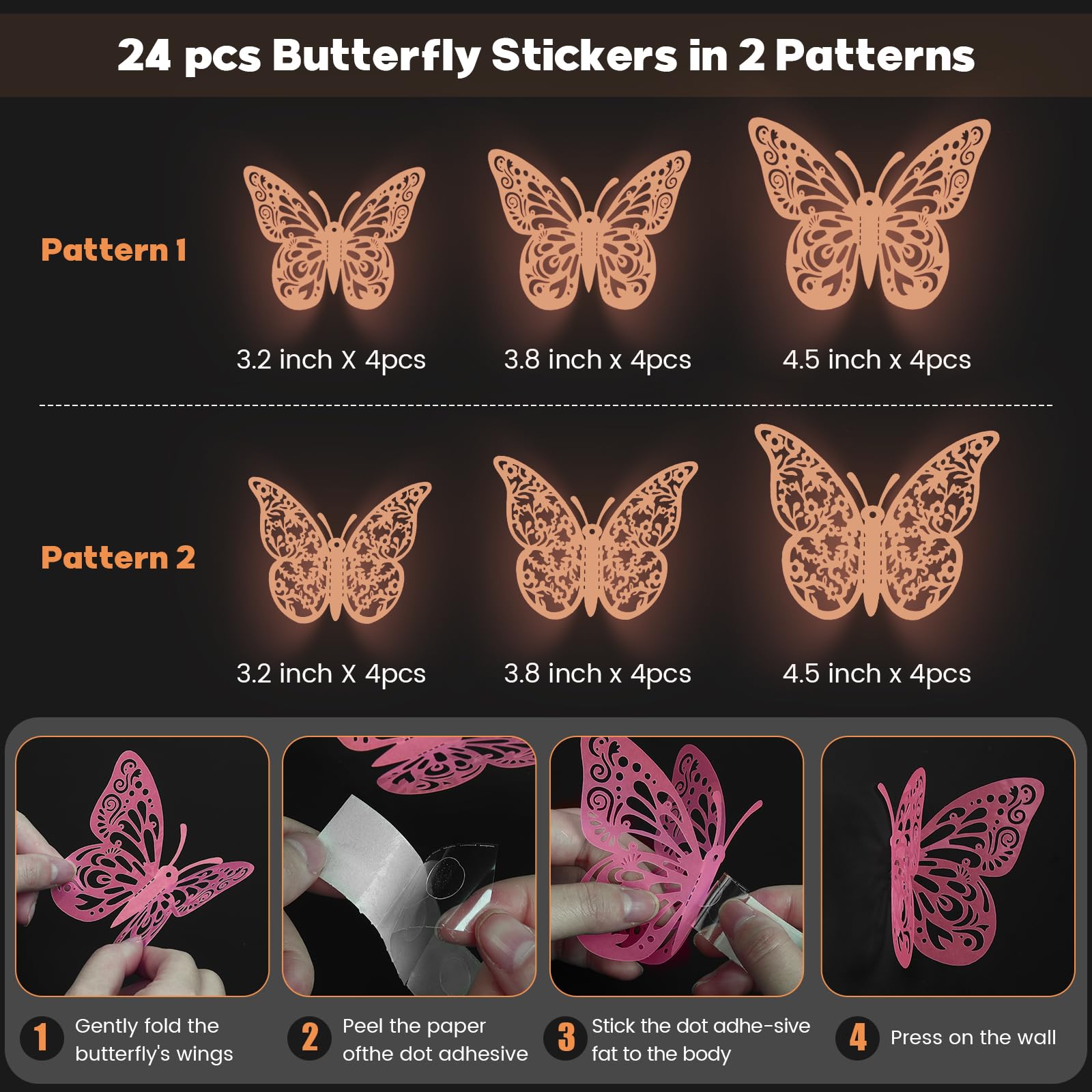 Crosize Butterfly Wall Decals Colorful Glow in The Dark, Fluorescent Pink, 24 Pieces