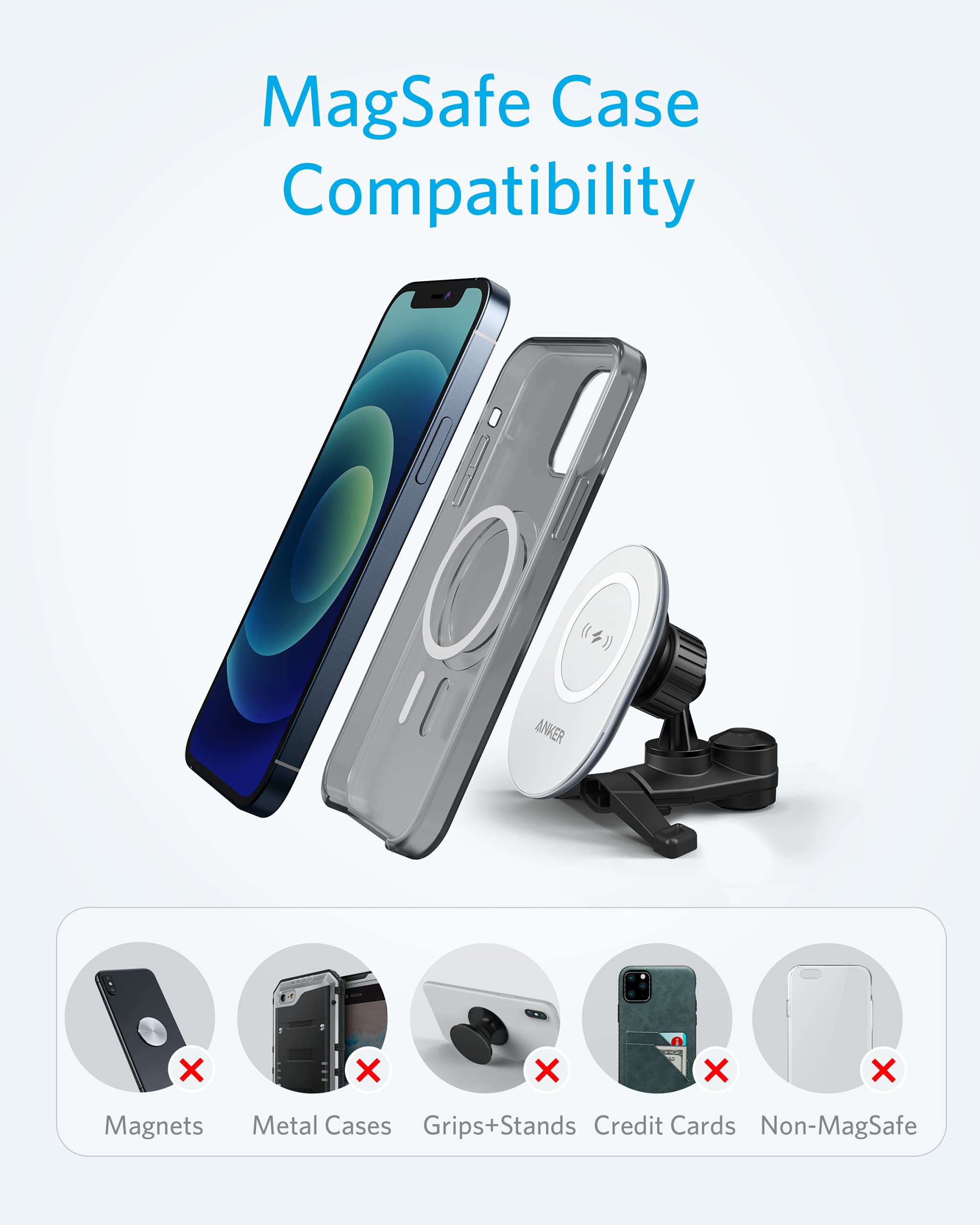 Anker Car Mount Charger, PowerWave Magnetic Car Charging Mount with 4 ft USB-C Cable, 7.5W for iPhone 13 / 13 Pro / 13 Pro Max / 13 mini / 12 / 12 Pro / 12 mini (USB-C Car Charger Not Included)