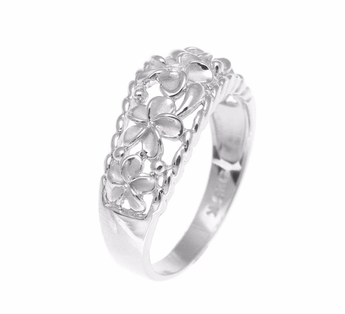 Arthur's Jewelry Sterling silver 925 Hawaiian 5 plumeria flower cz ring curve style rhodium plated size 10