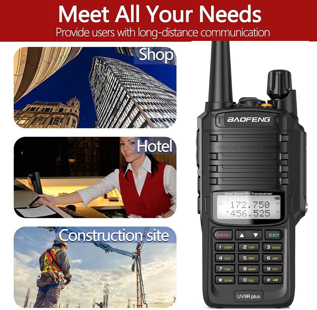 Baofeng UV-9R Plus 8W Power Walkie Talkie IP67 Waterproof UHF/VHF Dual Band Two Way Radio with Programming Cable,AR-775 Antenna,AR780 Waterproof micphone,2Pack 2200 mAh Battery etc Full Kits