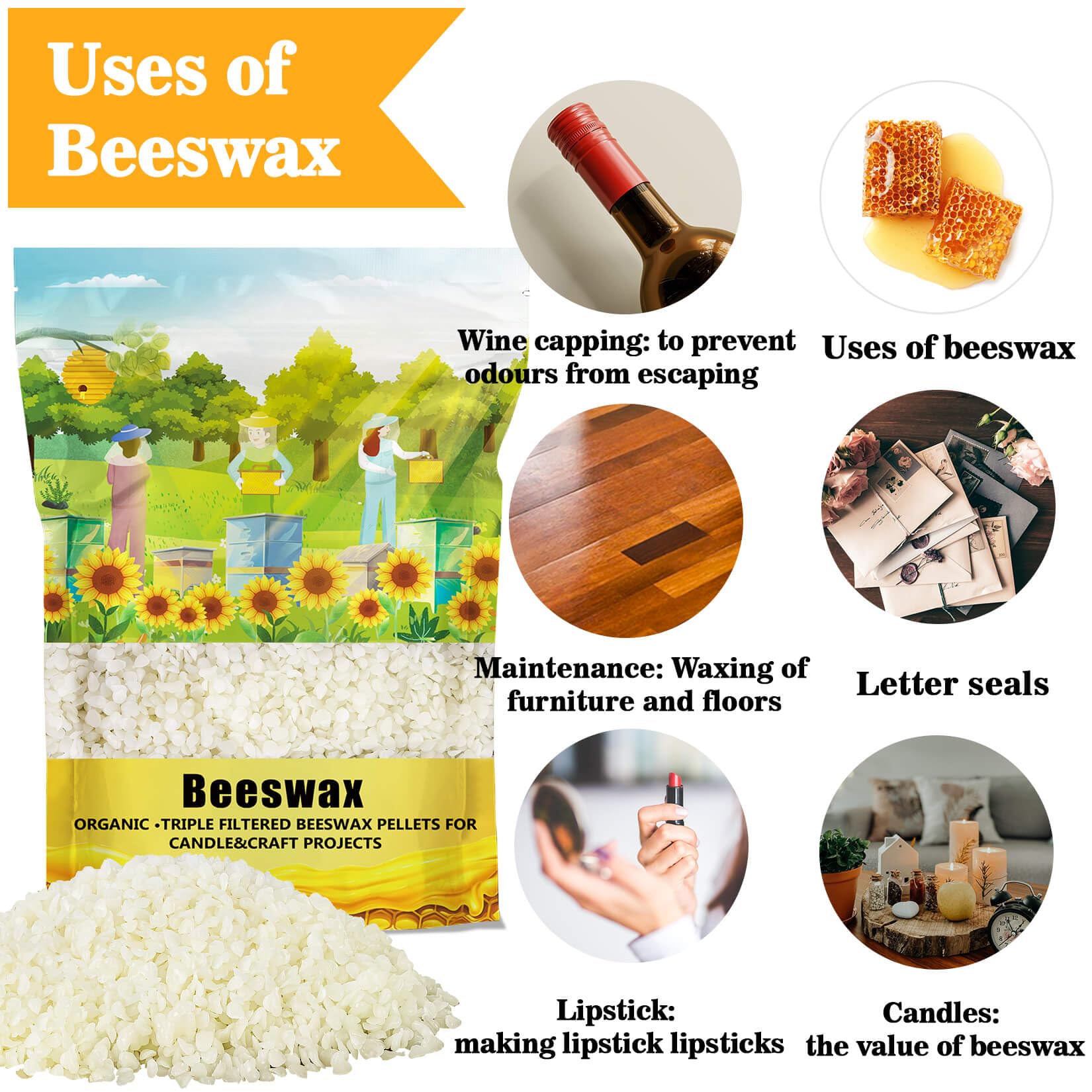 CARGEN Natural Beeswax Pellets - 428g White Beeswax Pastilles Pure Bulk Bees Wax Pellets for DIY Beewax Making Candles Skin Care Lip Balm Soap Lotion