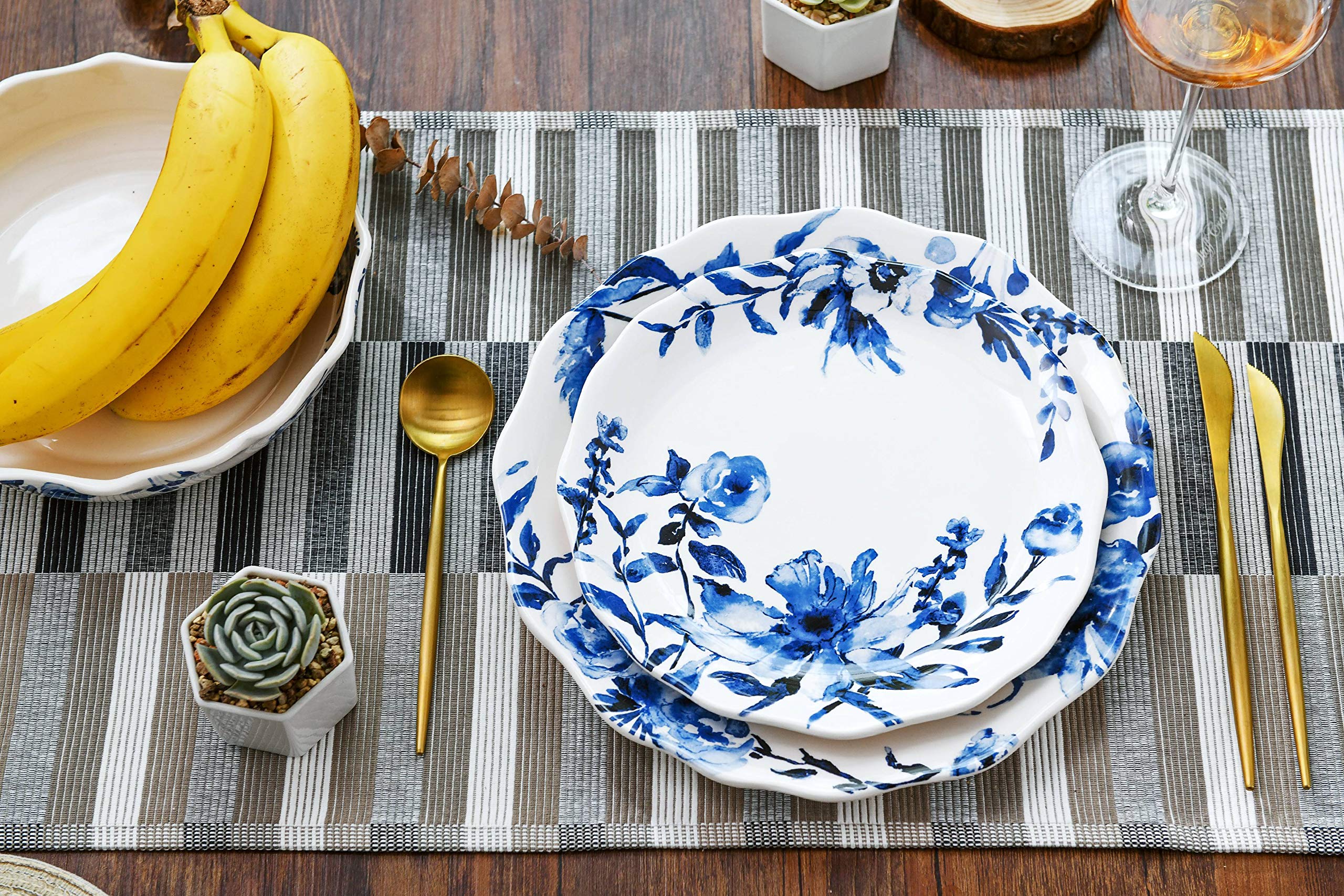 Bico Watercolor Blue Flower Scalloped Dinner Plates, Ceramic, 11 inch, Set of 4, for Pasta, Salad, Maincourse, Microwave & Dishwasher Safe
