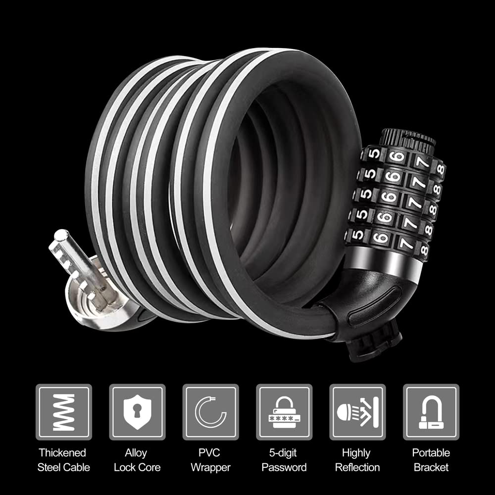 Bike Lock Cable 7feet, 5 Digit Resettable Combination Bicycle Lock with 12mm Flexible Self Coiling Braided Steel Cable,Keyless Convenience with Frame Mount Bracket