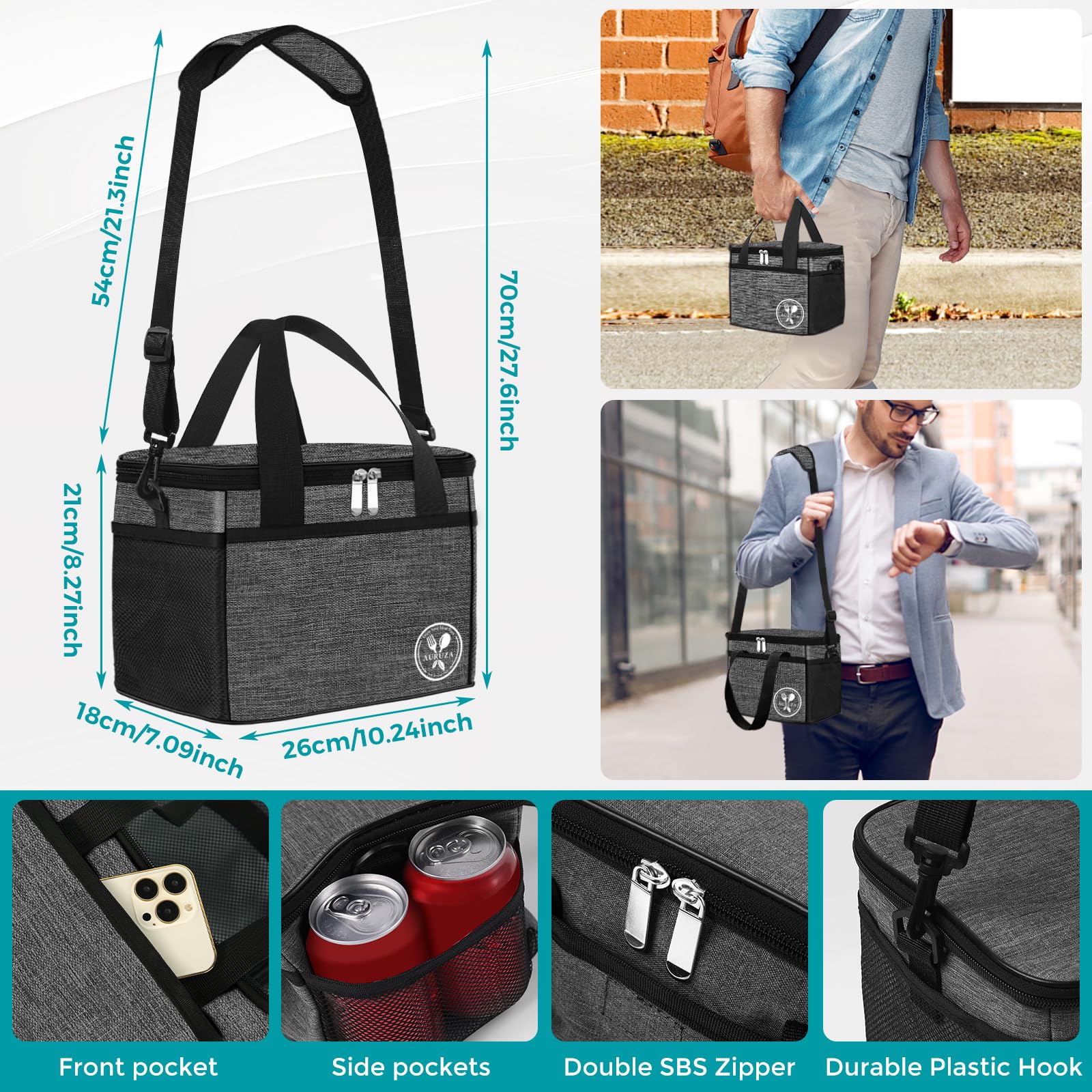 AURUZA Insulated Lunch Bag, Black, Unisex, 10.24" x 7.09" x 8.27", 9.8L Capacity, Waterproof, Portable Design