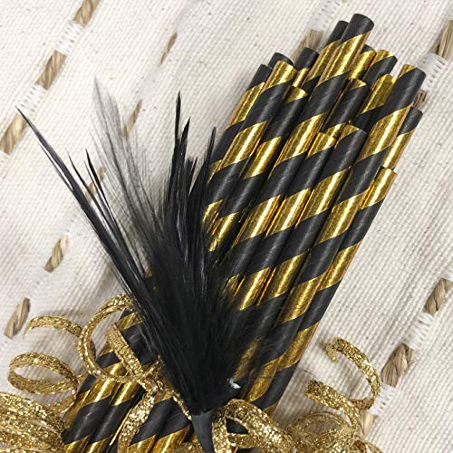 Black and Gold Foil Paper Drinking Straws - Stripe and Solid - 7.75 Inches - 100 Pack - Outside the Box Papers Brand