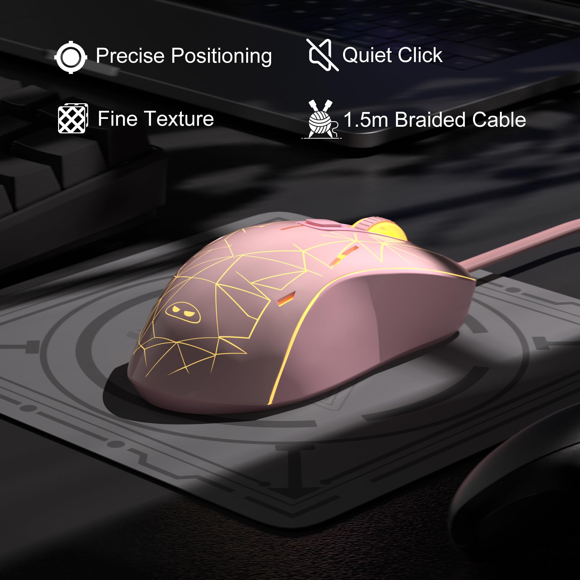 MageGee G6 Wired Gaming Mouse, Ergonomic USB Optical Mouse with 7 Colors Breathing LED Backlit, 6 Adjustable Speed Levels from 600 to 3200 for Laptop PC Computer Games & Work, Pink