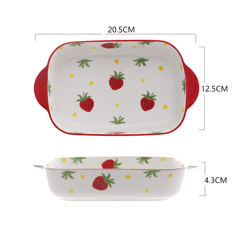 Bicuzat 8 x 5 Inch Ceramic Oven to Table Bakeware Dinner Plate, for Oven Roasting Lasagna Pan Cheese Baked Rice Bowl Baking Dish with Handle,Strawberry(1 PCS)