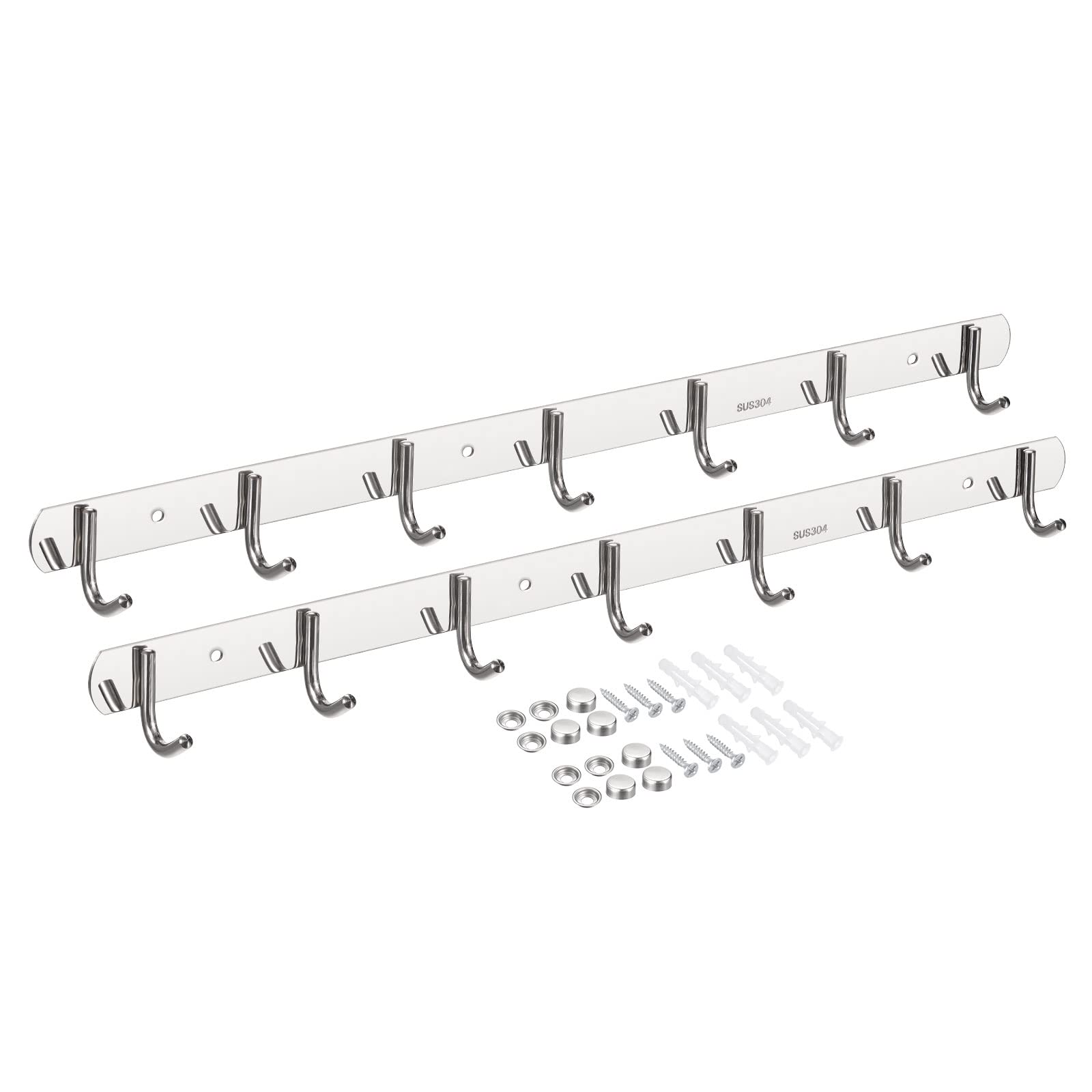 uxcell Coat Hook Rack, 304 Stainless Steel Coat Rack Wall Mounted with 7 Hooks Metal Hook Rail Wall Hangers for Hanging Bedroom Bathroom 2Pcs