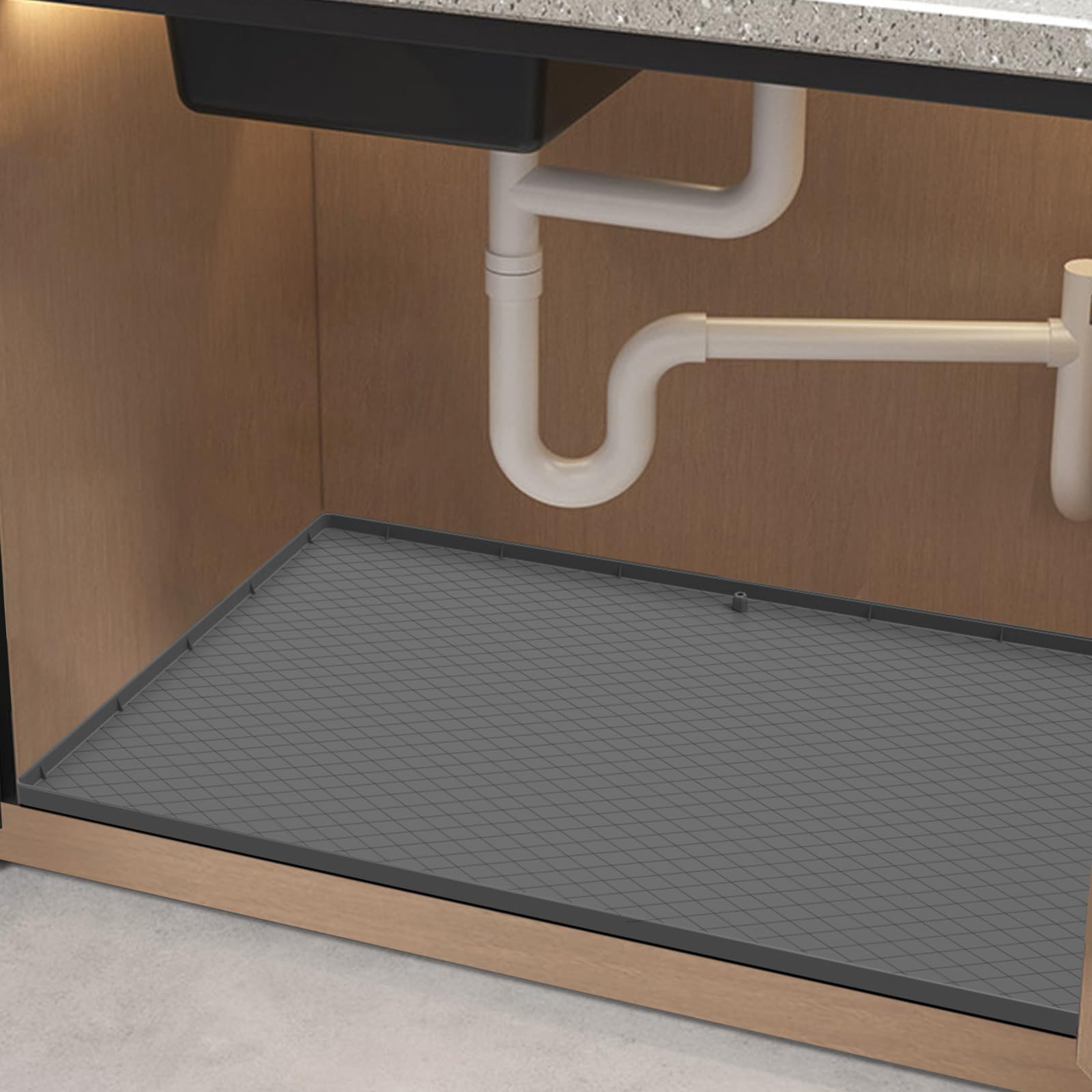 Bonnary Under Sink Mat for Kitchen Waterproof 34" x 22", Flexible Silicone Under Sink Liner with Drain Hole, Kitchen Bathroom Sink Cabinet Protection Mat Drips Leaks Spills Tray (Grey)
