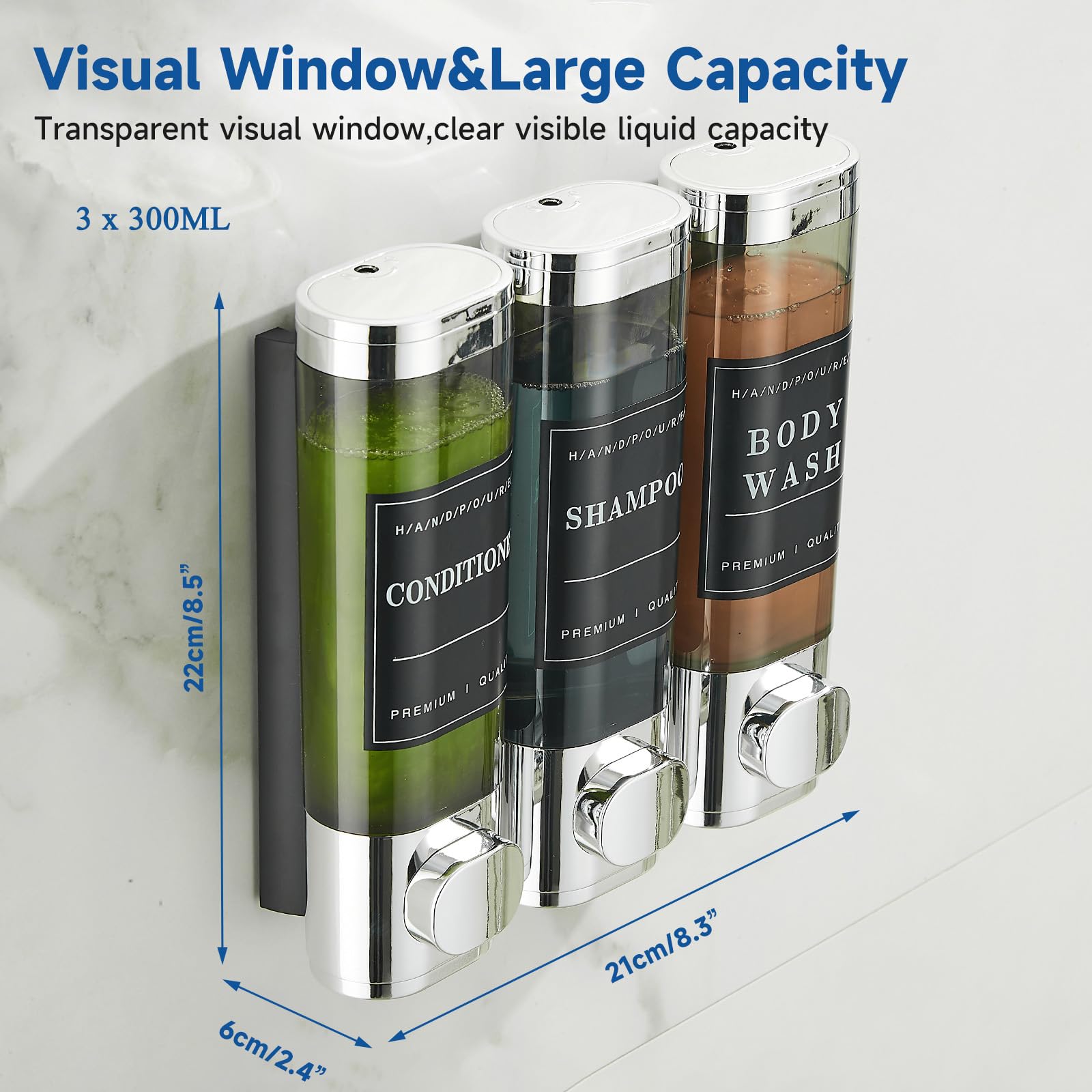 Shampoo and Conditioner Dispenser,Unisense Shower Soap Dispenser 3 Chamber No Drill Wall-Mounted Shampoo Dispenser for Shower Wall Mounted Shower Dispenser for Bathroom Hotel Large Capacity,Chrome