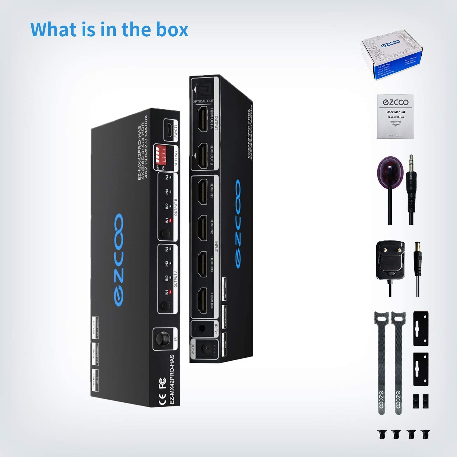 HDMI Matrix 4 in 2 Out 4K 60Hz 4:4:4 HDR 10 Atmos SPDIF 5.1CH Audio Extractor - 16 EDID Option, HDMI Scaler 4K 1080P Sync, Vision Atmos Sync,HDCP2.2 HDMI Matrix 4x2 IR Remote,IR Ext. MX42PRO