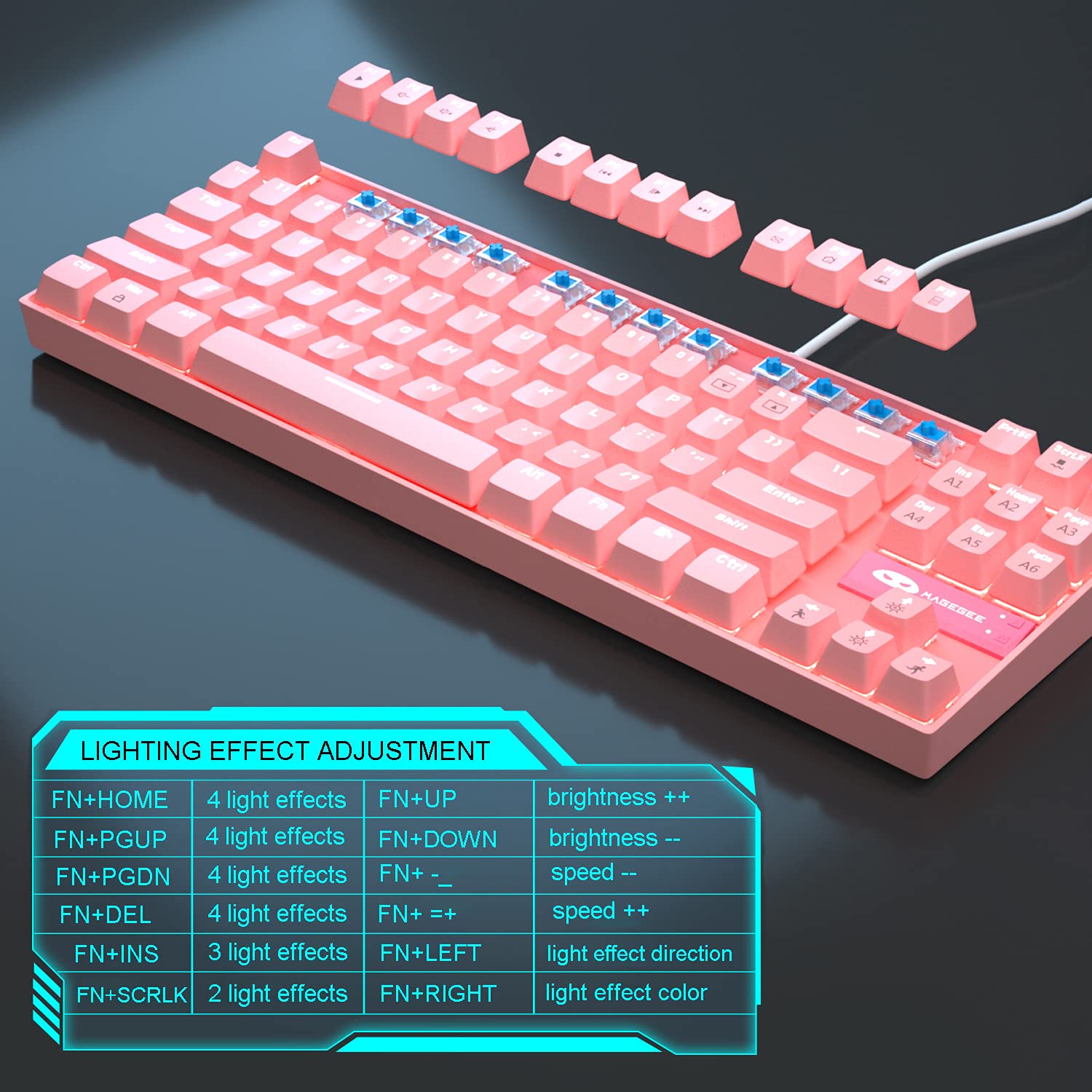MageGee Mechanical Gaming Keyboard with Blue Switch, Compact 87 Keys Wired Computer Keyboard for Windows Laptop PC Gamer, LED White Backlit, Pink