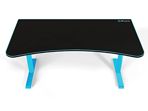 Arozzi Arena Ultrawide Curved Gaming and Office Desk with Full Surface Water Resistant Desk Mat Custom Monitor Mount Cable Management Cut Outs Under The Desk Cable Management Netting - Blue