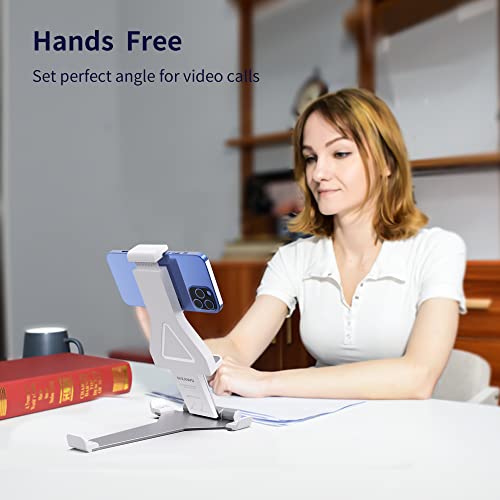 Flexible Cell Phone Holder Stand,with A Rotating Aluminum Base and Mount Clamp,Compatible with 4-10'' Device iPhone X Xs 11 12 13 Pro Max XR SE/iPad/Kindle,Used for Desktop,Bed,Couch(Silver)