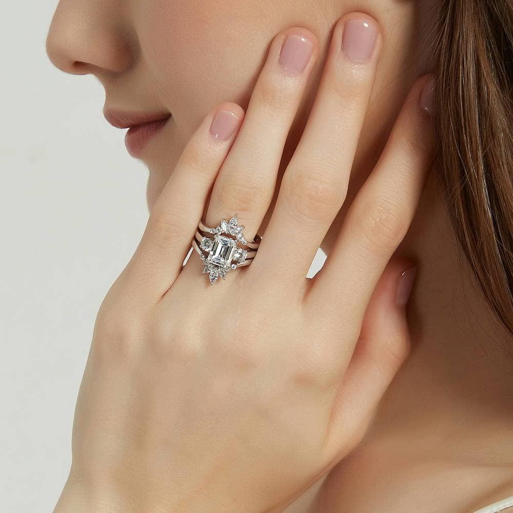 BERRICLE Sterling Silver 3-Stone Wedding Engagement Rings Emerald Cut Cubic Zirconia CZ 7-Stone Ring Set for Women, Rhodium Plated Size 7