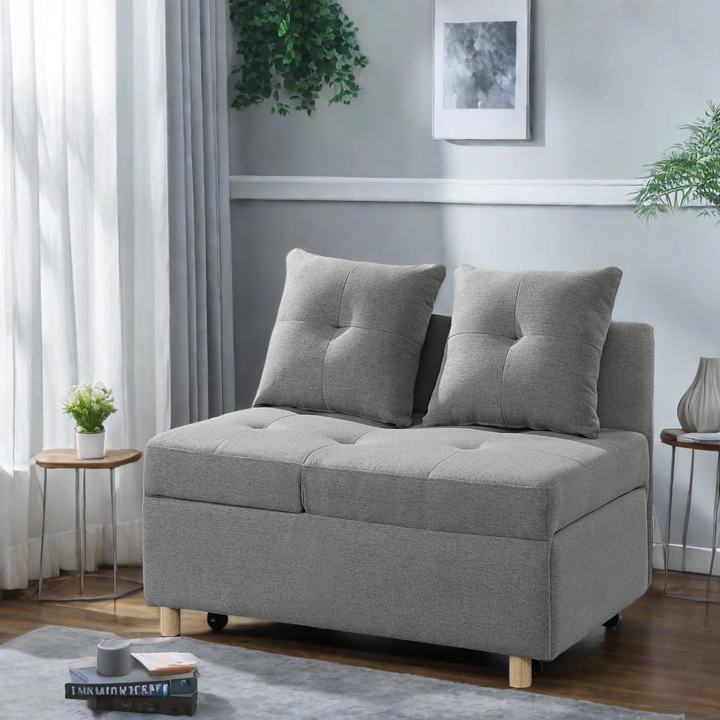 ChicFurnit Couch, 3-in-1 Convertible Sofa Bed, Linen Single Extendable Sofa with Adjustable Back, Futon Chair with 1 Lumbar Pillow, Futon Sofa Bed with 4 Small Wheels for Living Room, Dark Gray