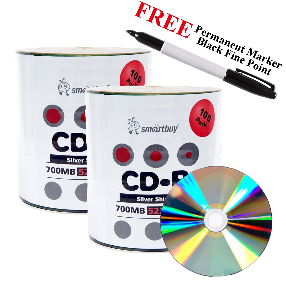 Smartbuy 200-disc 700mb/80min 52x CD-R Silver Shiny Blank Recordable Disc + Black Permanent Marker