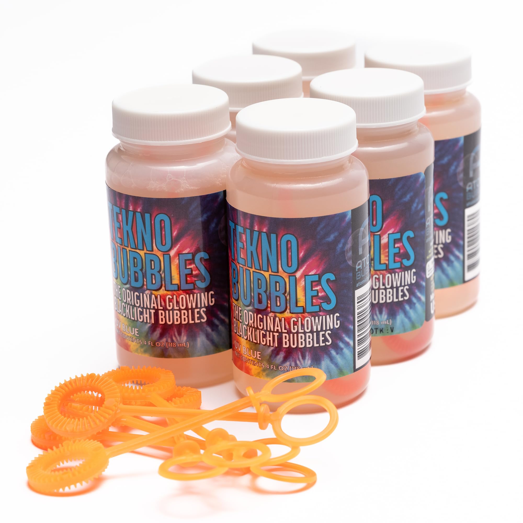 Atomic Bubbles: Tekno Bubbles - Blue 6 Pack - 4oz Bottles, UV Blacklight Glow Bubbles, Glow Parties, Indoor & Outdoor, Safe for Kids, Non-Toxic