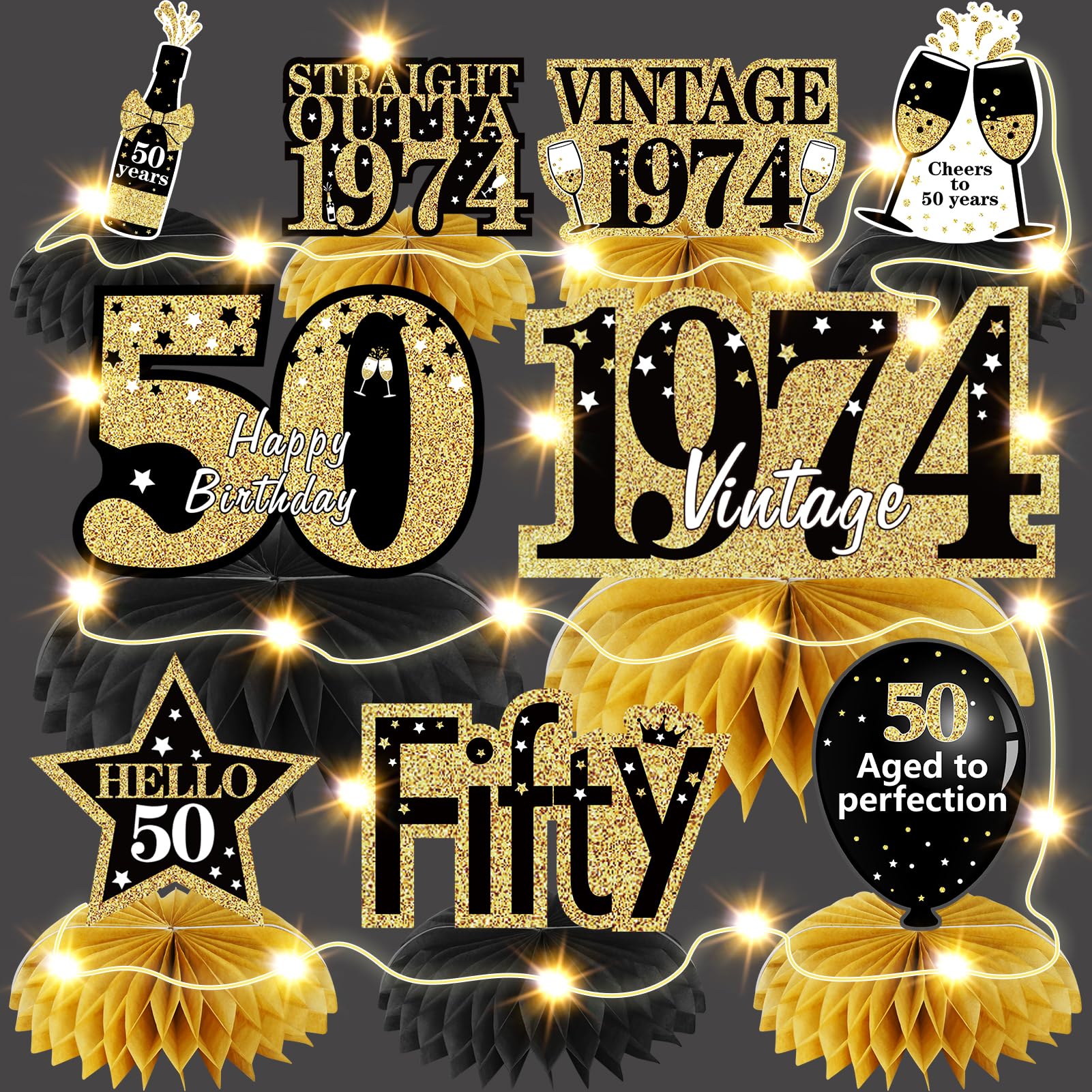 Bumqviy 9Pcs 50th Birthday Honeycomb Centerpieces Decorations with String Lights for Women Men, Black Gold Vintage 1974 Aged to Perfection Table Party Supplies, 50 Year Old Birthday Party Table Sign
