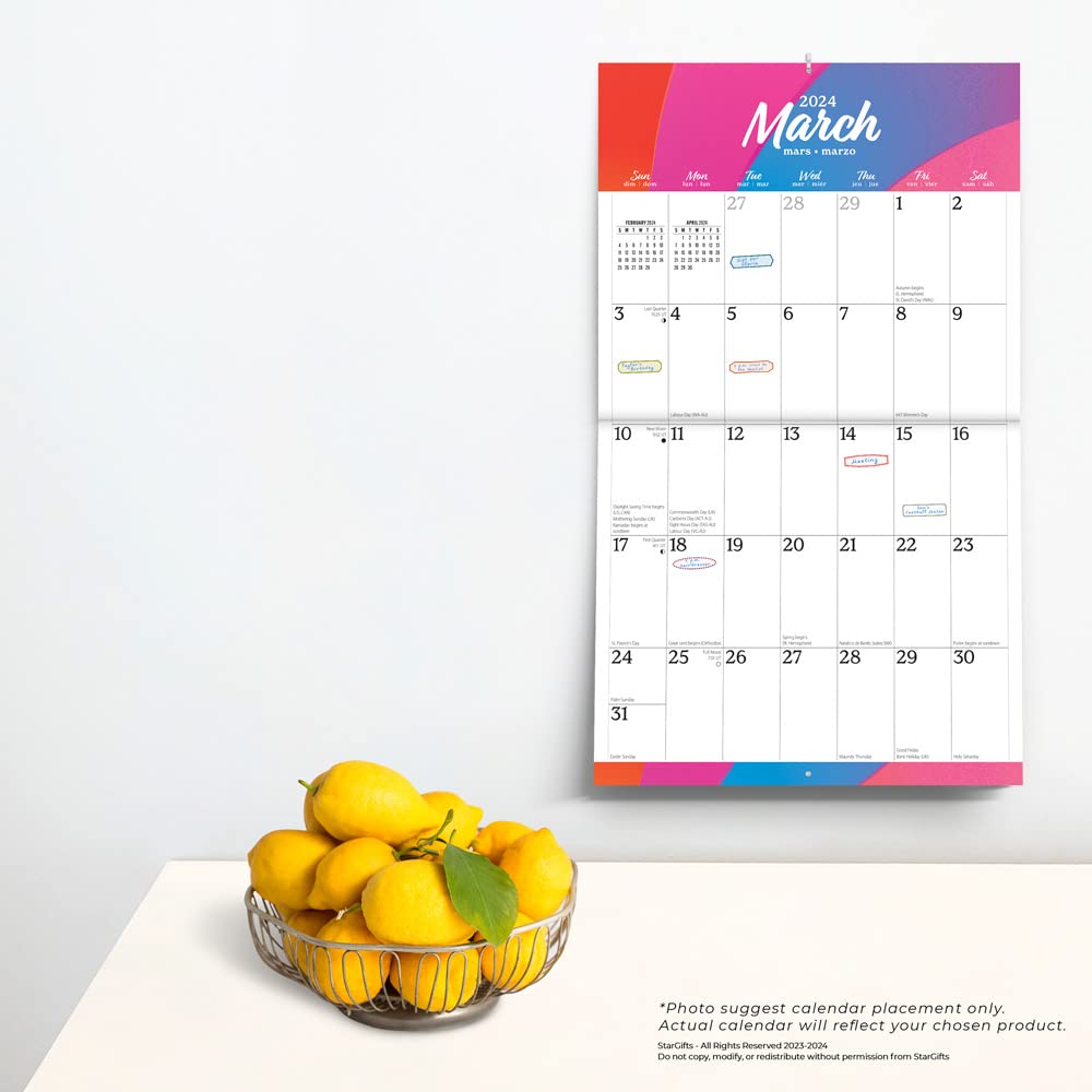 Big & Bright Large Print | 2024 14 x 24 Inch Monthly Deluxe Wall Calendar | Matte Paper and Sticker Sheet | StarGifts | Easy to See Large Font