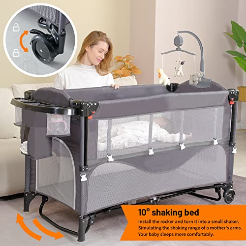 zebrater 5 in1 Baby Bassinet Bedside Crib,Pack and Play Bedside Sleeper with Waterproof Sheet & Mattress,Large Pack n Play with Diaper Changer,Folding Portable Playard from Newborn to Toddler