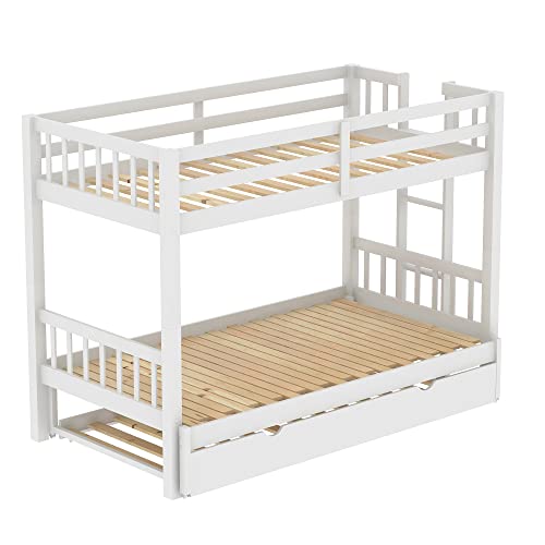 Flieks Twin Over Twin/King Bunk Beds with Trundle, Twin Over Pull-Out bunk Bed Accommodate 4 People for Kids, Adult, No Box Spring Needed