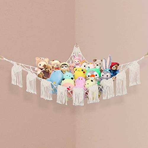 Zeesa Stuffed Animal Net or Hammock, Boho Hanging Net Storage with Macrame, Corner Toy Net Holder for Plush Toys Display, Beige