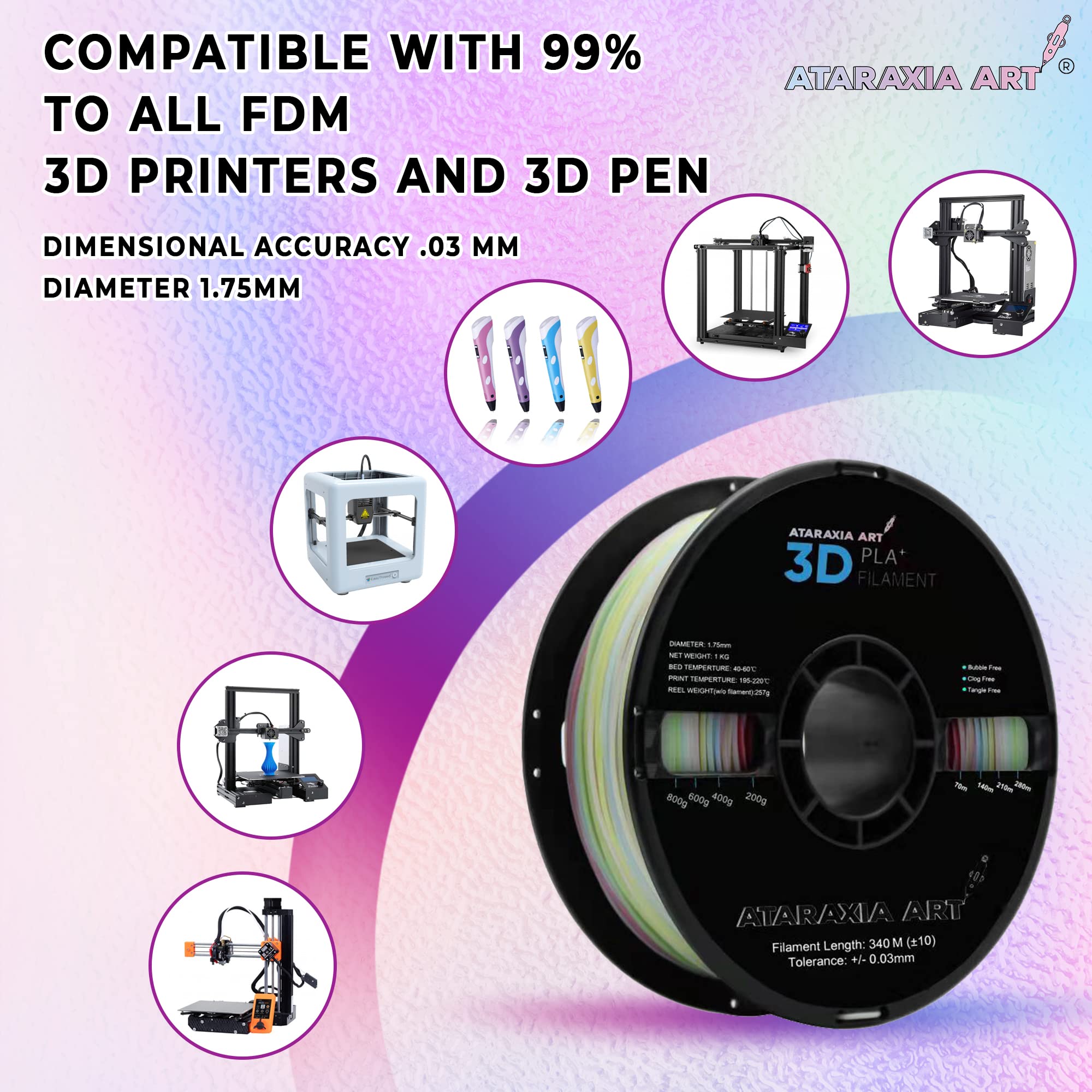 ATARAXIA ART White Mini Rainbow PLA Plus (PLA+) Filament, 3D Printer Filament, PLA Mini Multicolor Filament 1.75mm, 3D Printing Filament, 1KG, Include Filament Storage Bag, Fit Most FDM 3D Printer