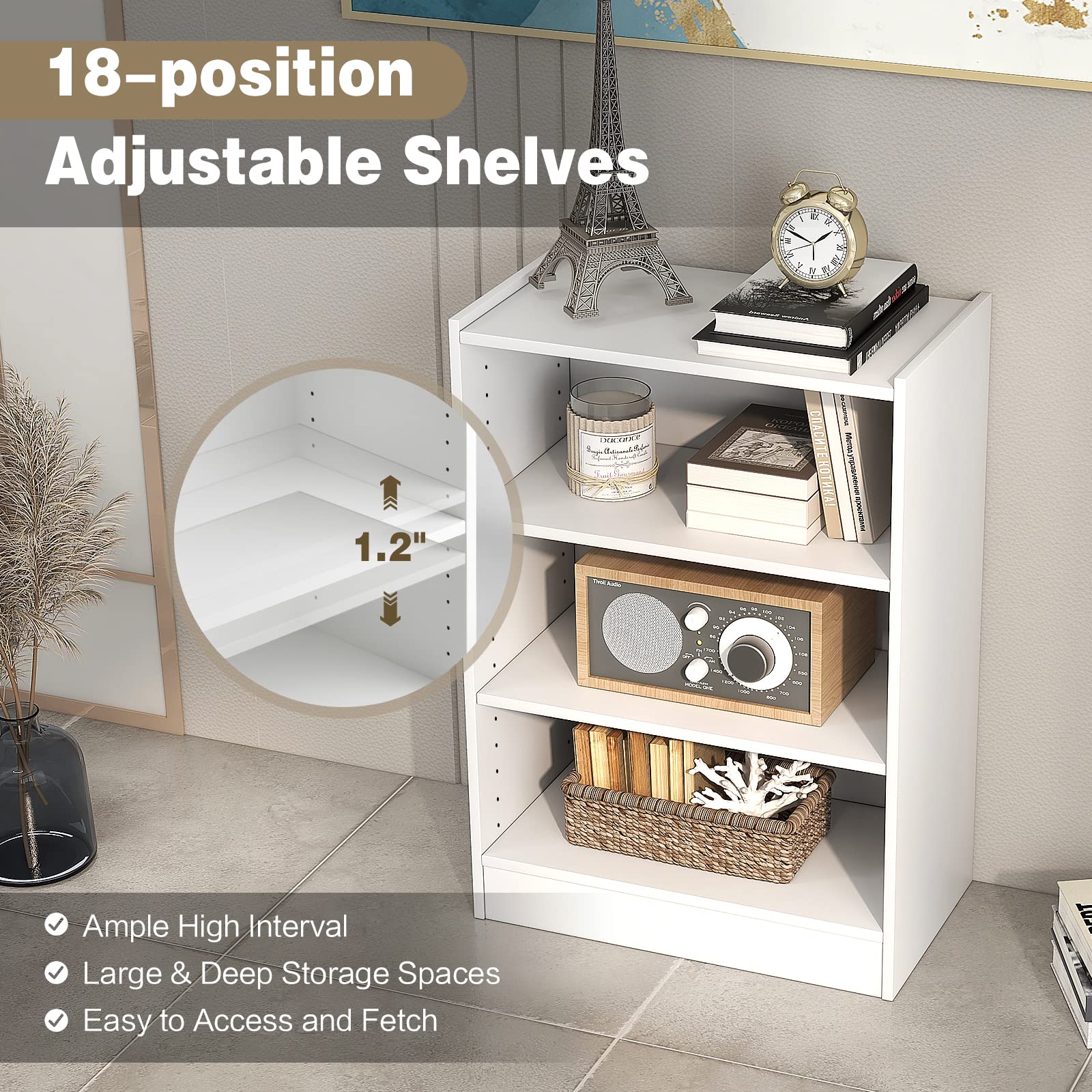 LOKO 3-Tier Open Bookcase, Modern 3-Cube Bookshelf with 18-Position Adjustable Shelves & Anti-toppling Devices, Multipurpose Cubical Display Storage Organizer for Living Room Study (1, White)