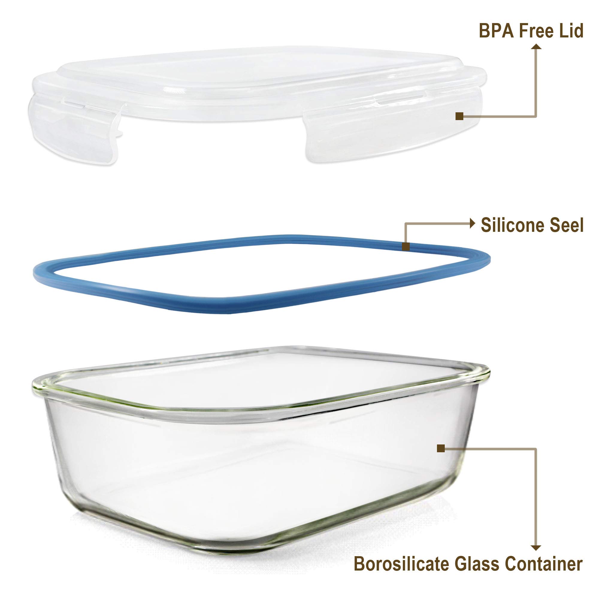 EcoEvo Glass Food Storage Containers Set, Large Size Glass Containers with Lids, BPA-free Locking lids, 100% Leak Proof Glass Meal Prep Containers, Freezer to Oven Safe (2 Pack of 52oz)