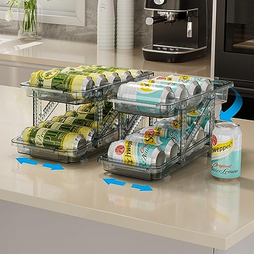 Attelite Upgrade Soda Can Organizer with Adjustable Width, Double-Layer Automatic Rolling Stackable Beverage Can Dispenser Rack for Standard Cans, Skinny Cans, And Tall Cans (Clear，set of 2)