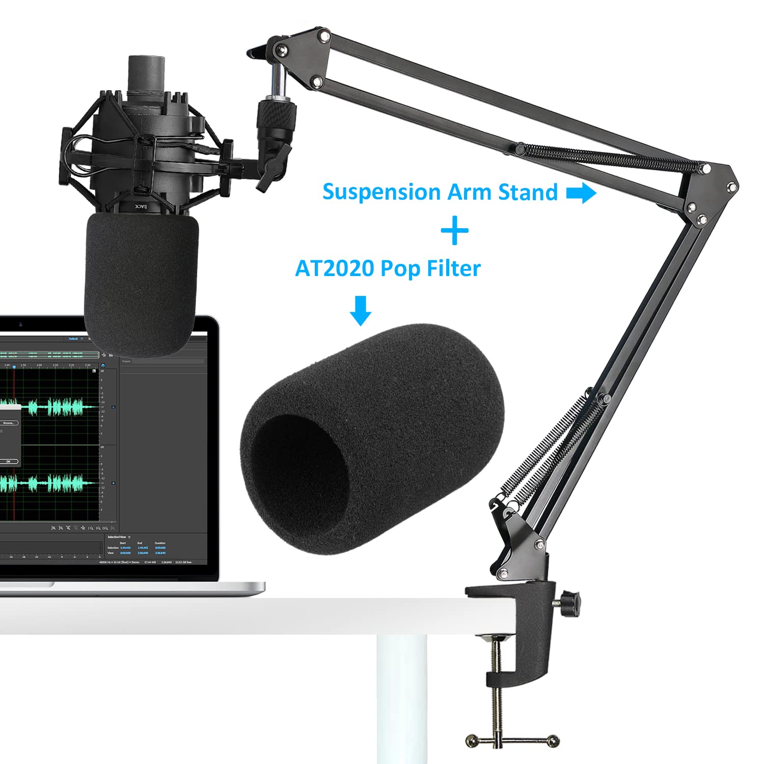 Audio-Technica AT2020 Mic Boom Arm with Foam Windscreen, Suspension Boom Scissor Arm Stand with Pop Filter Cover for Audio-Technica AT2020 Microphone by SUNMON