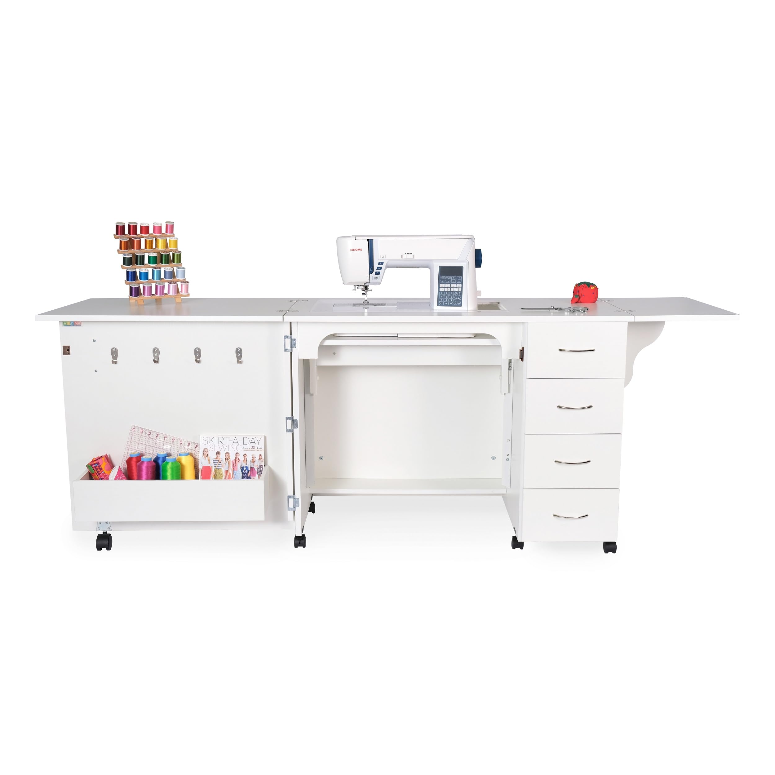Arrow Classic Sewing Furniture Harriet Full-Size Sewing Cabinet with Hydraulic Machine Lift, Drawers, Expandable Leaves, Locking Wheels - Ash White