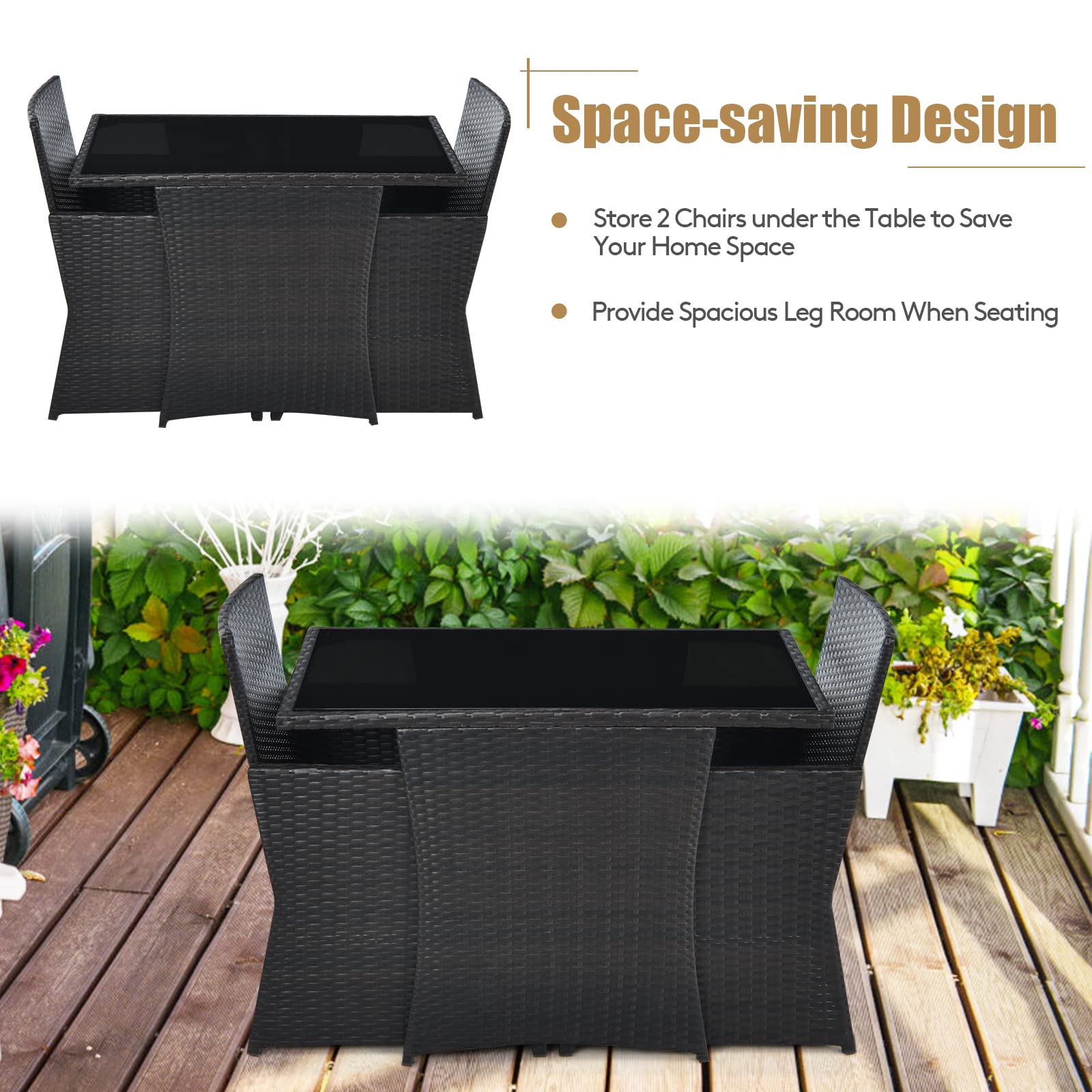 Tangkula 3 Pieces Patio Dining Set, Space-Saving PE Rattan Bistro Set with Tempered Glass Top Table and Cushioned Chairs, Outdoor Conversation Set for Garden Backyard Poolside Porch (Blue)