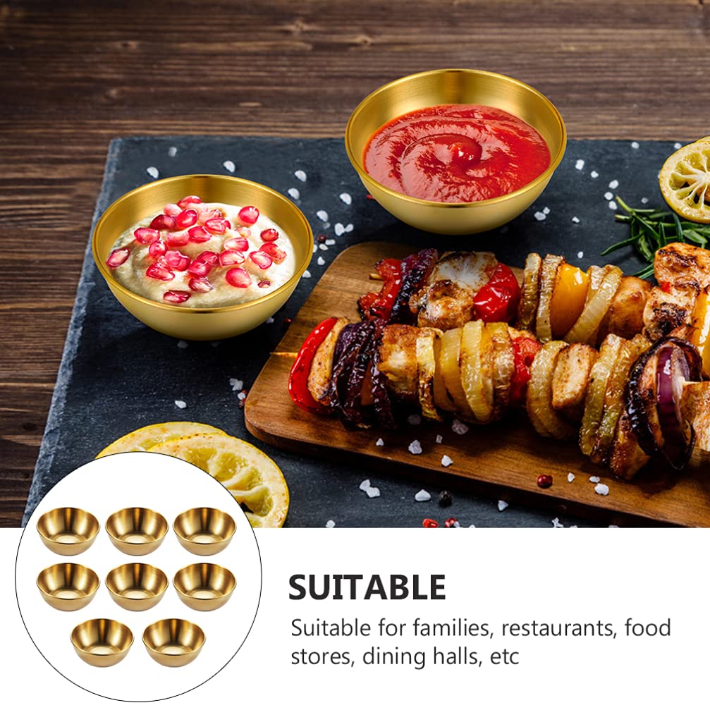 BESTonZON Sauce Dish 8pcs Golden Dipping Bowls, Stainless Steel Dip Soy Sauce Dishes & Bowl, Multipurpose Side Dish for Sauce, Condiments, Sushi, BBQ - Chip and Dip Serving Bowl Set