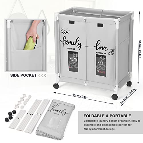 Laundry Sorter Cart with Lid, 110L 2 sections Oxford Cloth Laundry Hamper on Wheels, Laundry Basket for Family Dorm Room Clothing Throws Toys (22.6*13.6*26.6IN)