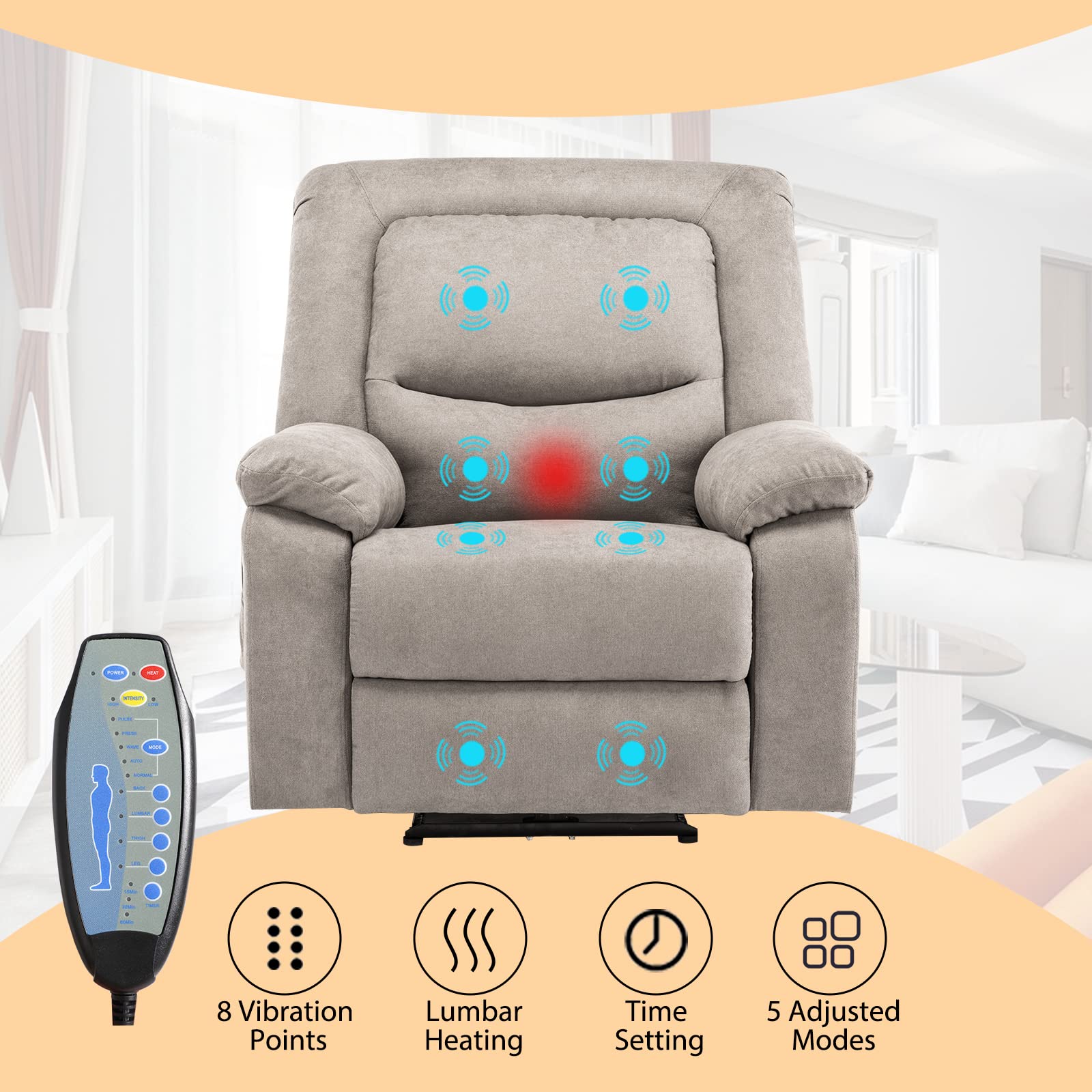 Consofa Electric Power Recliner Chair with Massage and Heat, Electric Recliner Chairs for Seniors, Electric Power Recliner Chair with USB Port, 2 Side Pockets, Microfiber Fabirc (Camel)