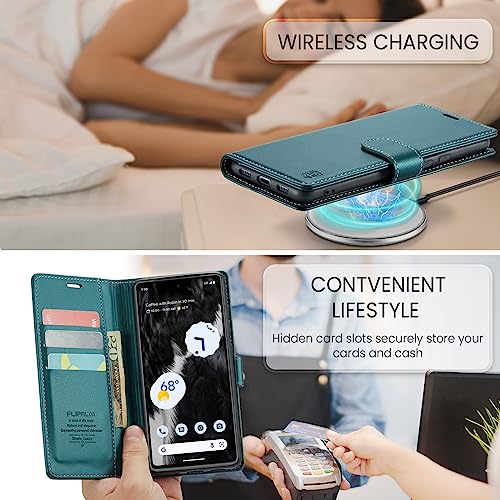 FLIPALM for Google Pixel 7 Wallet Case with RFID Blocking Credit Card Holder, PU Leather Folio Flip Kickstand Protective Shockproof Cover Women Men for Pixel 7 5G Phone case(Blue-Green)