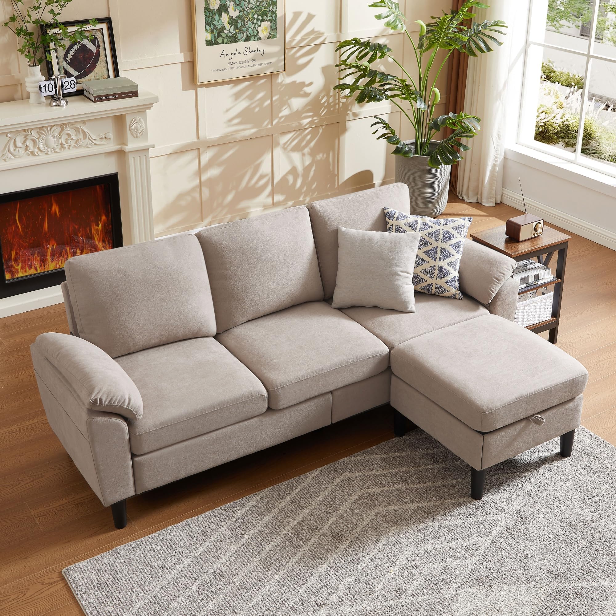 Chireca 80" Convertible Sectional Sofa, Small L Shaped 3 Seat Couch with Reversible Storage Chaise, Modern Polyester Fabric Sofa Couches for Living Room, Apartment and Small Space, Beige