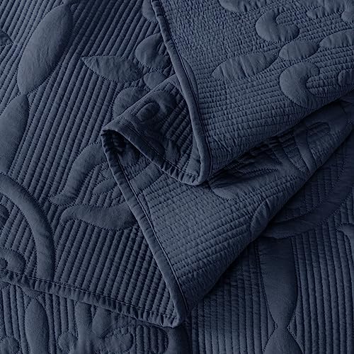 Boho Quilt California Cal King Size Bedding Sets with Pillow Shams, Damask Oversized Lightweight Soft Bedspread Coverlet, Navy Blue Quilted Blanket Thin Comforter Bed Cover, 3 Pieces, 118x106 inches