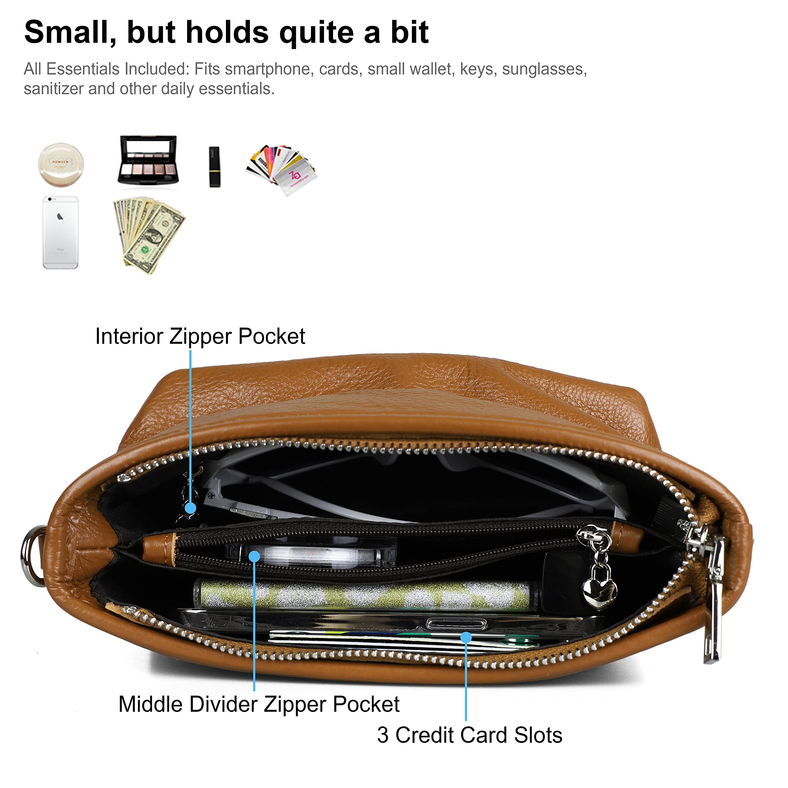 befen Cognac Brown Small Cell Phone Crossbody Bag with Cognac Brown Small Roomy Crossbody Purse