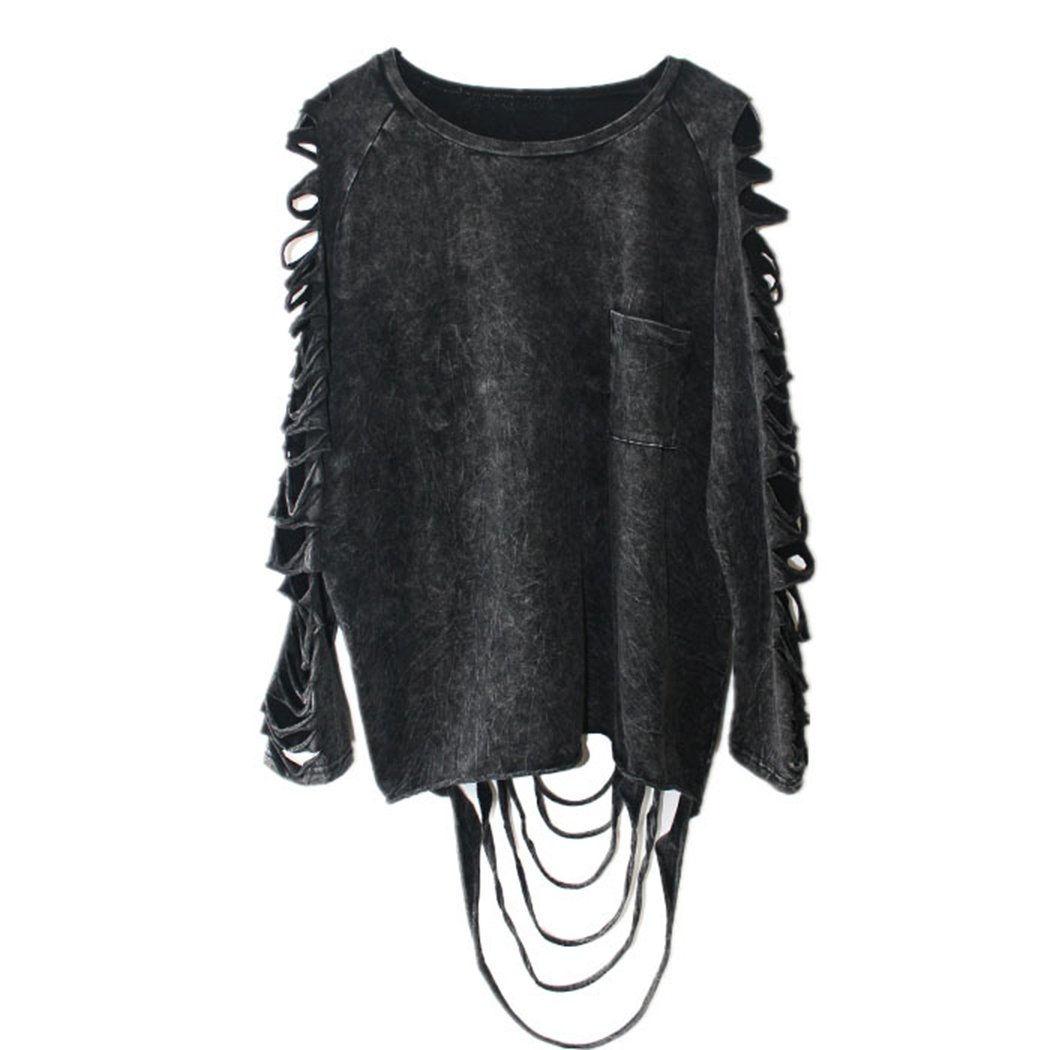 Anna-Kaci Ripped Cut Out Holes Long Sleeve Faded Distressed Top Pullover Shirt,Black,X-Large