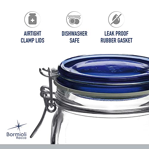 Bormioli Rocco Fido Collection, 2 Pack, 50.75 Oz. Food Storage Glass Jars, Airtight Rubber Seal & Glass Lid, With Stainless Wire Clamp, Made In Italy.