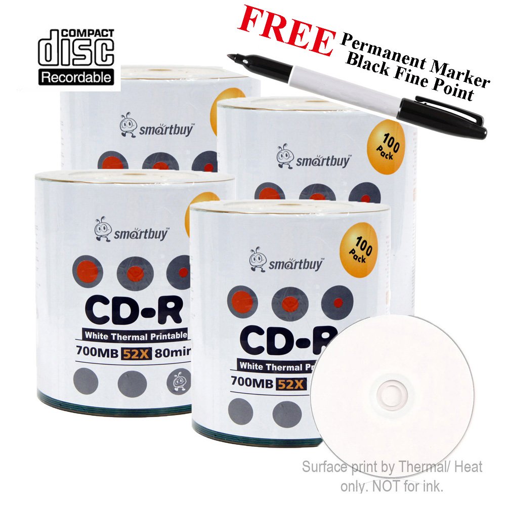 Smartbuy 400-disc 700mb/80min 52x CD-R White Thermal Hub Printable Blank Media Disc + Black Permanent Marker